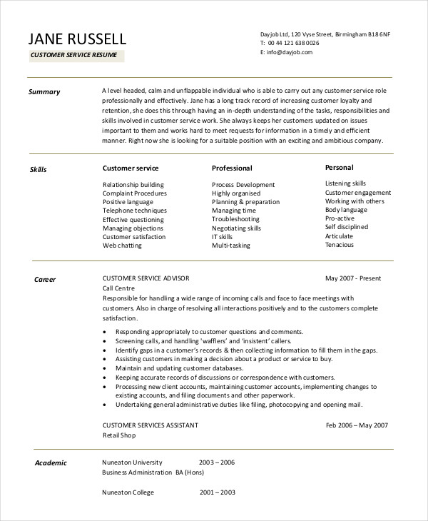 11 Customer Service Resume Templates PDF DOC