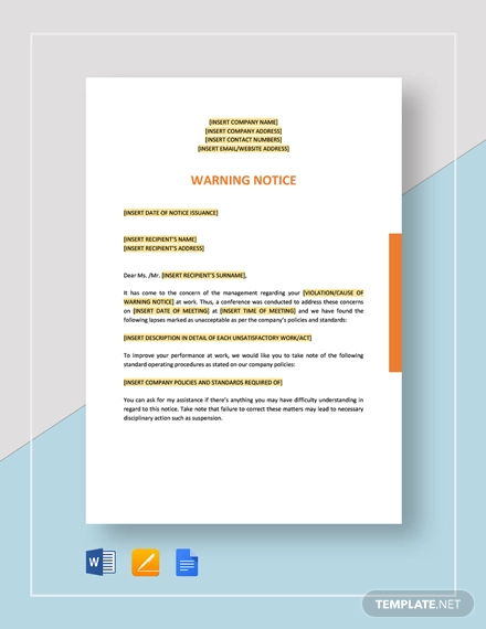 12+ Printable Employee Warning Notice Templates - Google Docs, MS Word ...