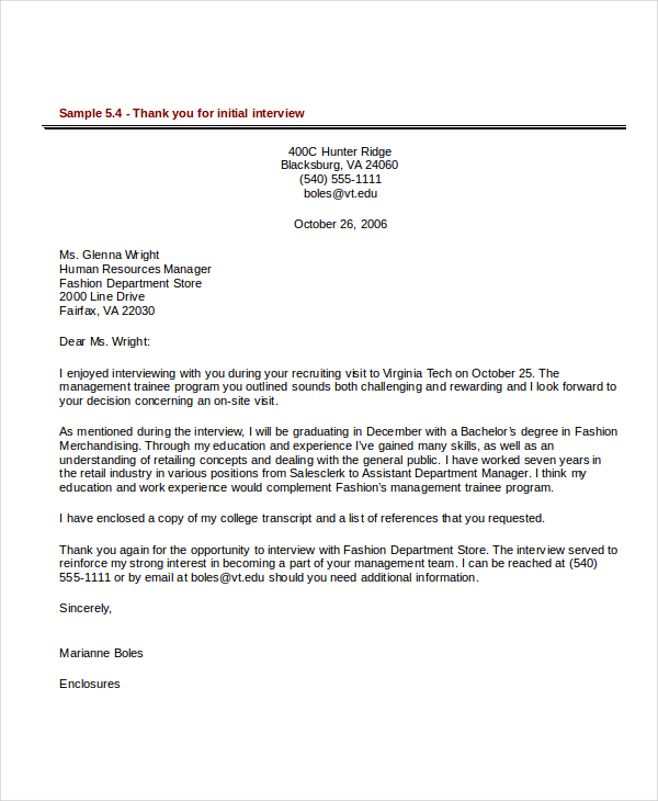 Letter Thank You For Interview