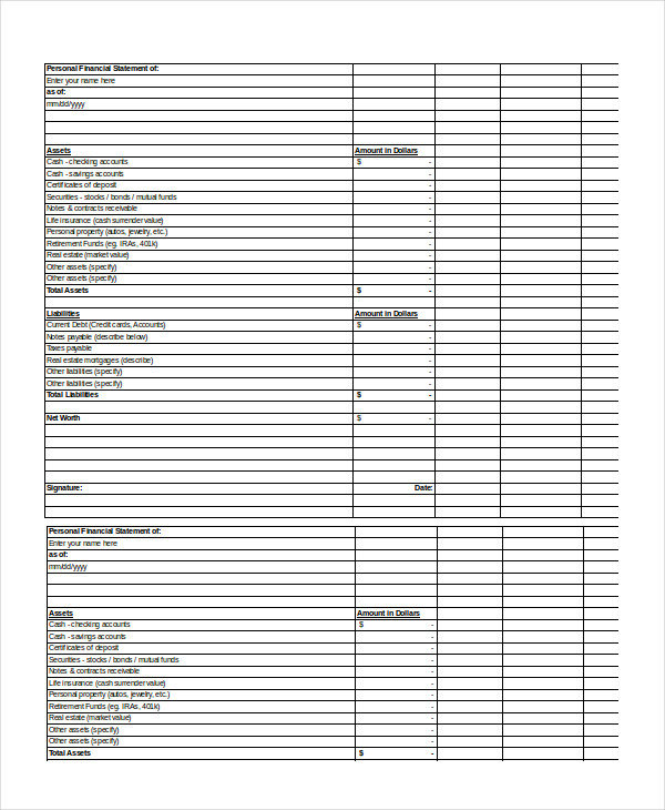Personal Financial Statement Template Xls Database