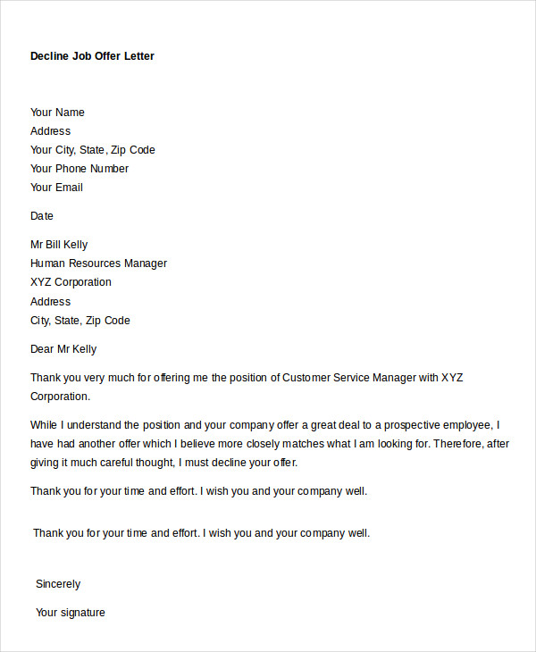 Sample Letter Of Decline Job Offer For Your Needs Letter Template