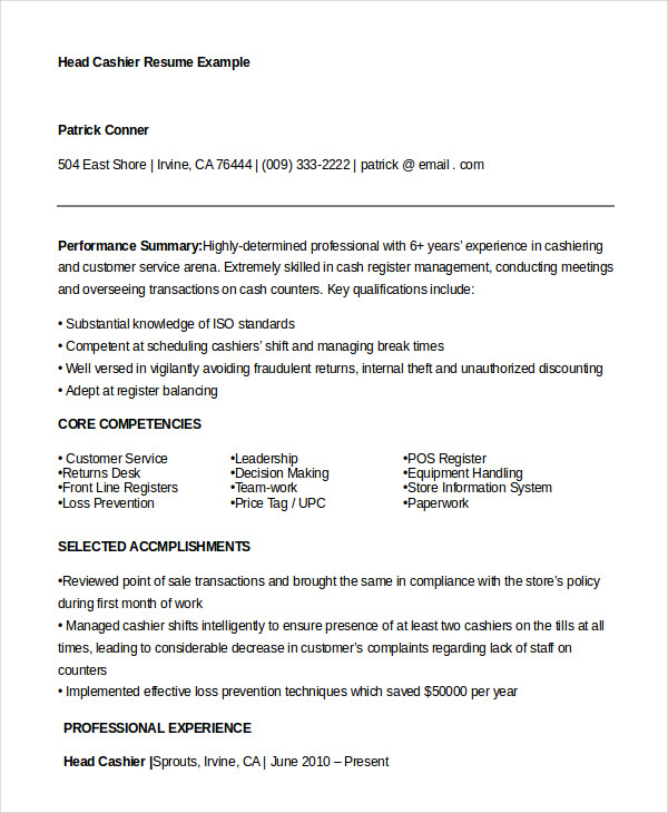 6+ Cashier Resume Templates - Pdf, Doc