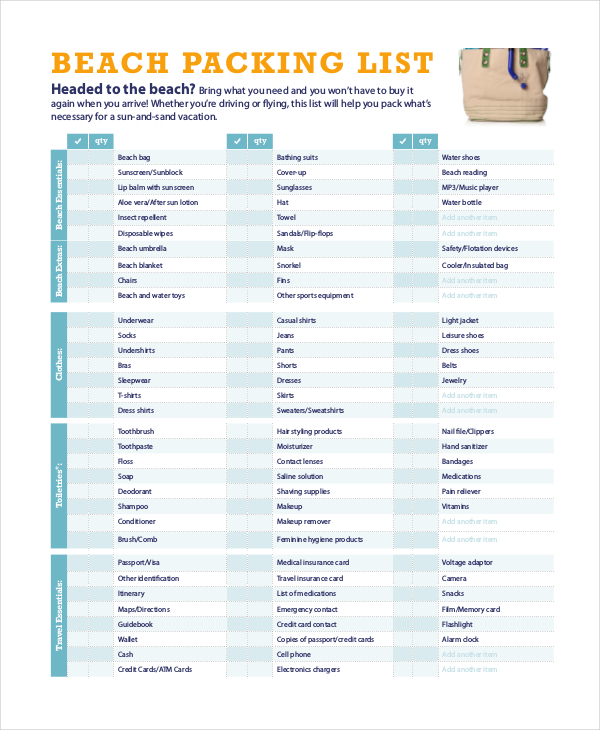 Free Packing List Template For Vacation Travel Or College Free 