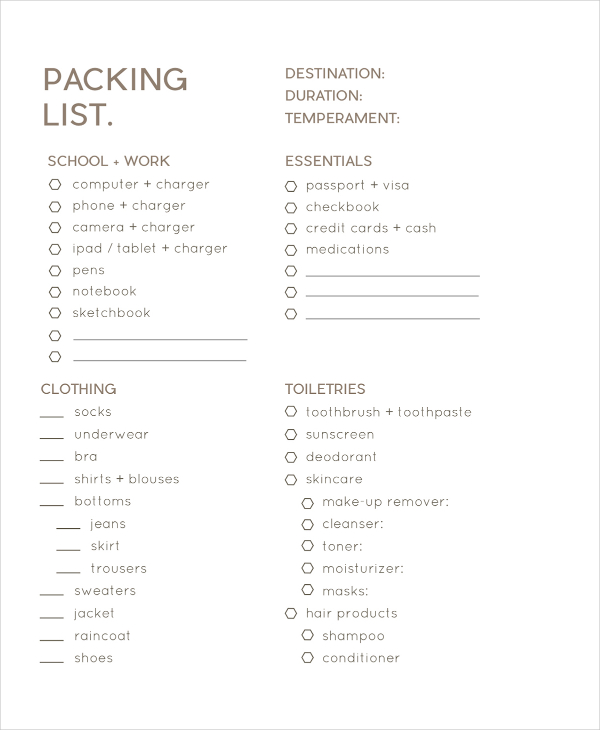 Basic Packing List Template Free Samples Examples Format Resume 