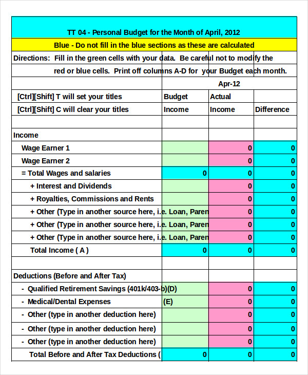 Free Personal Budget Template 7 Free Excel PDF Documents Download