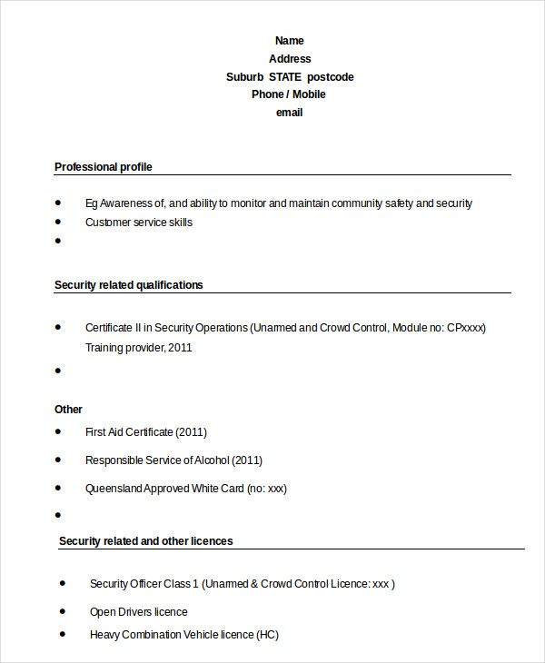 Security Guard Resume - 5+ Free Sample, Example, Format
