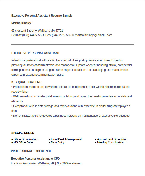 Executive Assistant Resume - 7+ Free WOrd, PDF Documents Download