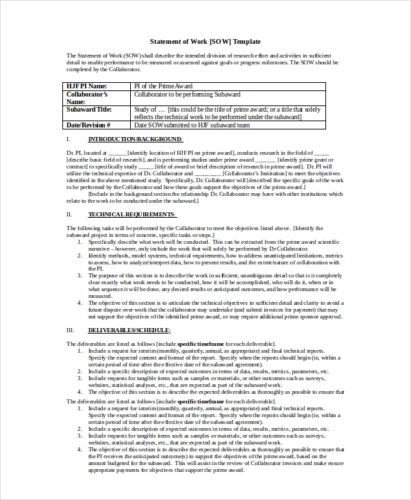 Statement of Work Template - 28+ Free PDF, Word, Excel Documents Download