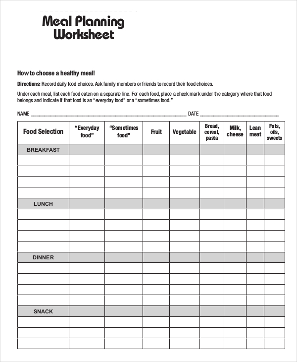 Meal Planning Worksheet Pdf