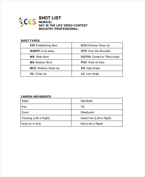 Shot List Template Word Excel Templates