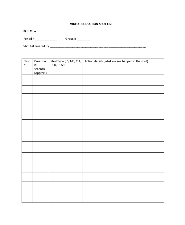 Shot List Template - 10+ Free Word, PDF, PSD Documents Download