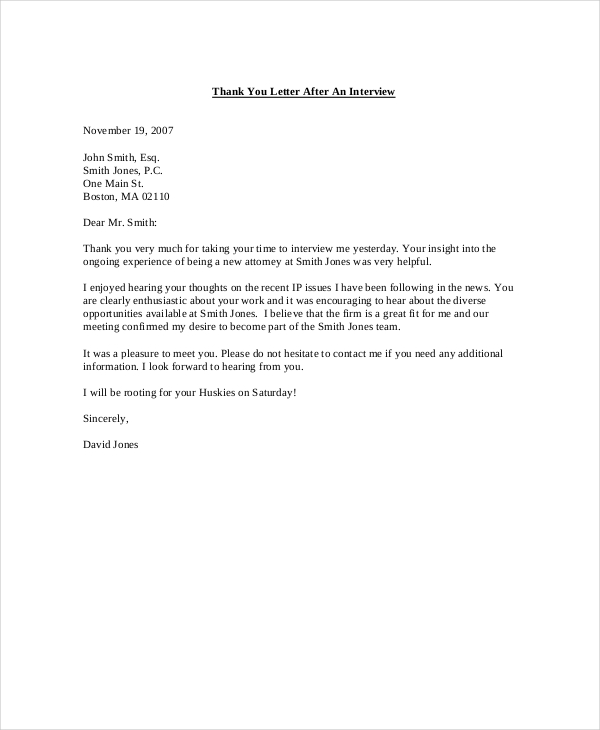 Letter Thank You For Interview Post Interview Thank You Letter Sample