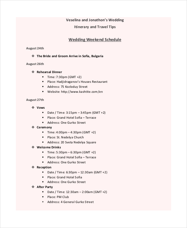 7 Wedding Itinerary Template Free Sample Example Format