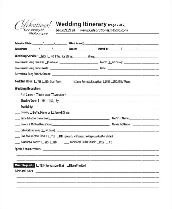 7 Wedding Itinerary Template Free Sample Example Format