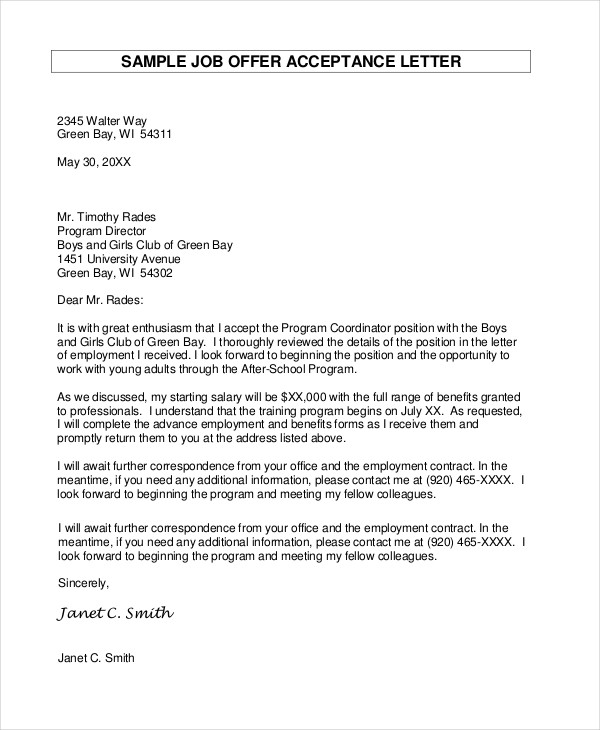 Acceptance Letter Sample From Employer
