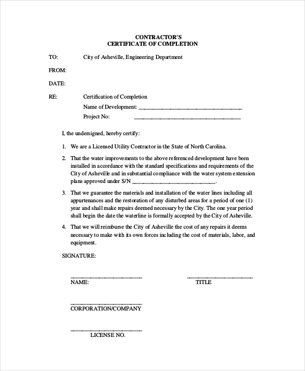 Certificate Of Completion Contractor Template