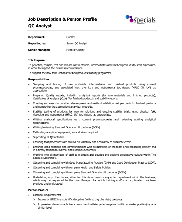 Quality Control Job Description - 11+ Free PDF, Word Documents Download