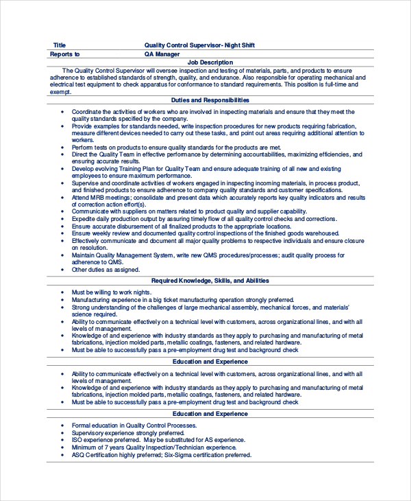 Quality Control Job Description - 11+ Free PDF, Word Documents Download