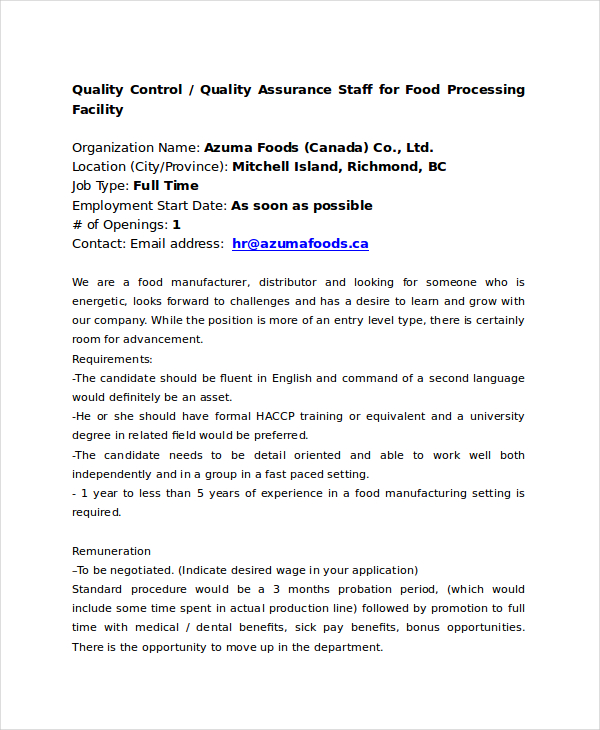 Quality Control Job Description - 11+ Free PDF, Word Documents Download