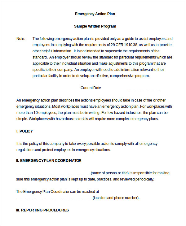 Emergency Action Plan Template 10 Free Sample Example Format