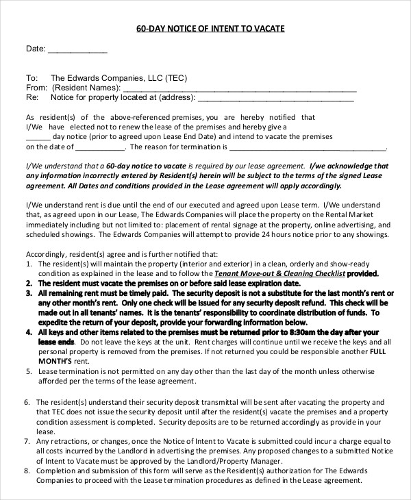 60 Day Notice To Vacate Template HQ Template Documents