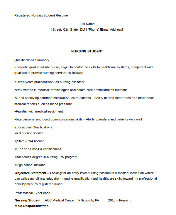 Nursing Student Resume Example - 11+ Free Word, PDF Documents Download