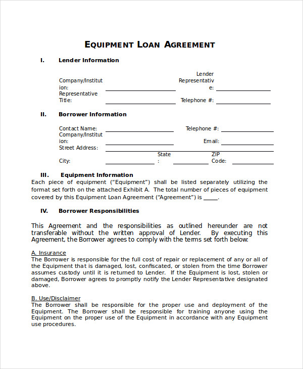 Printable Equipment Loan Agreement Template Printable Templates