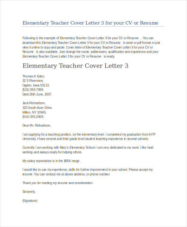 Teacher Cover Letter Example 12 Free Word PDF Documents Download