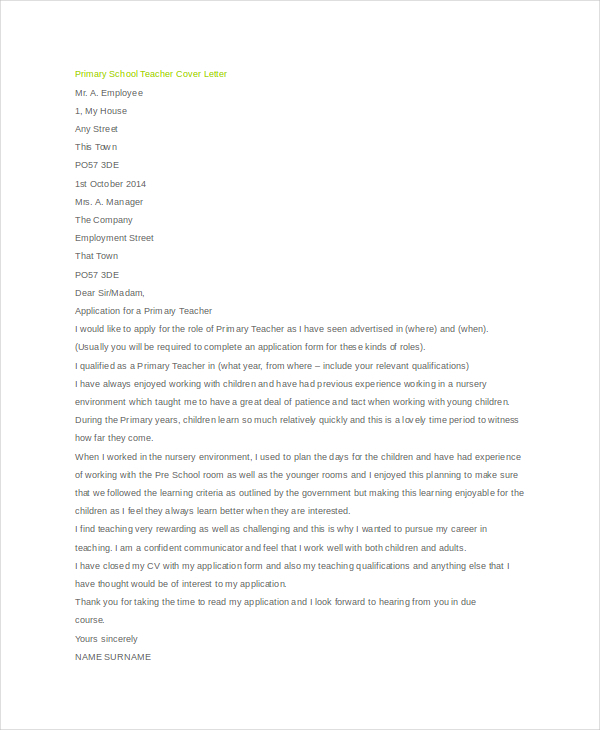 Teacher Cover Letter Example - 12+ Free word, PDF Documents Download