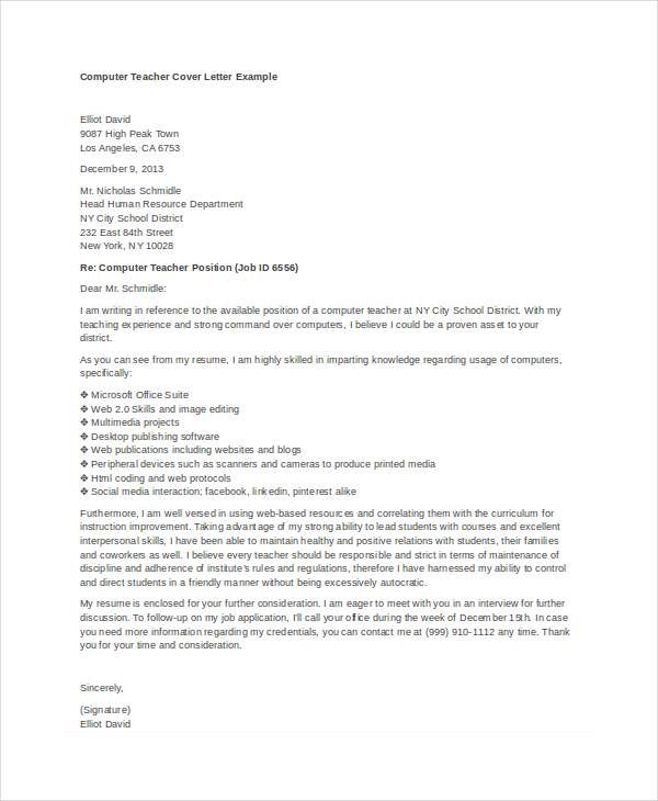 Teacher Cover Letter Example - 12+ Free word, PDF Documents Download