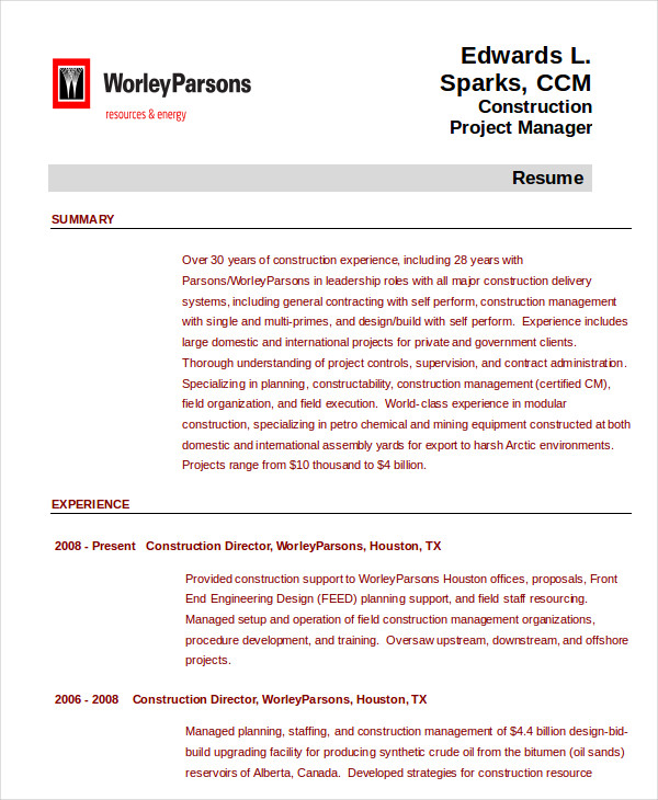 Construction Project Experience Resume
