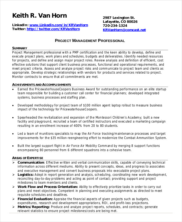 Project Management Resume Example - 10+ Free Word, PDF Documents Download