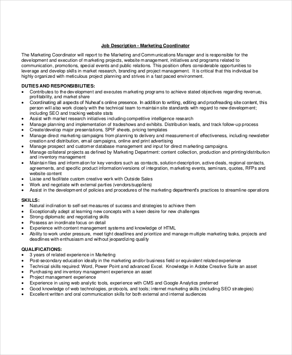 Marketing Job Description Sample
