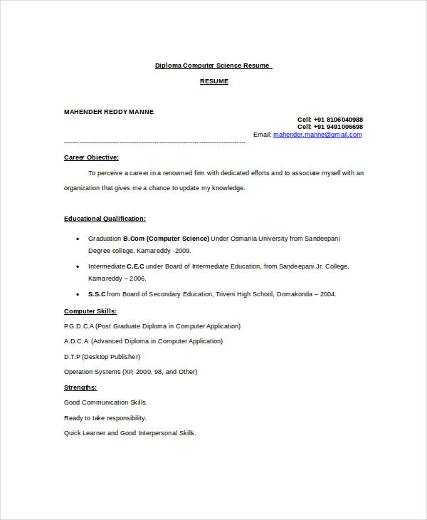Computer Science Resume Example - 13+ Free Word, PDF Documents Download