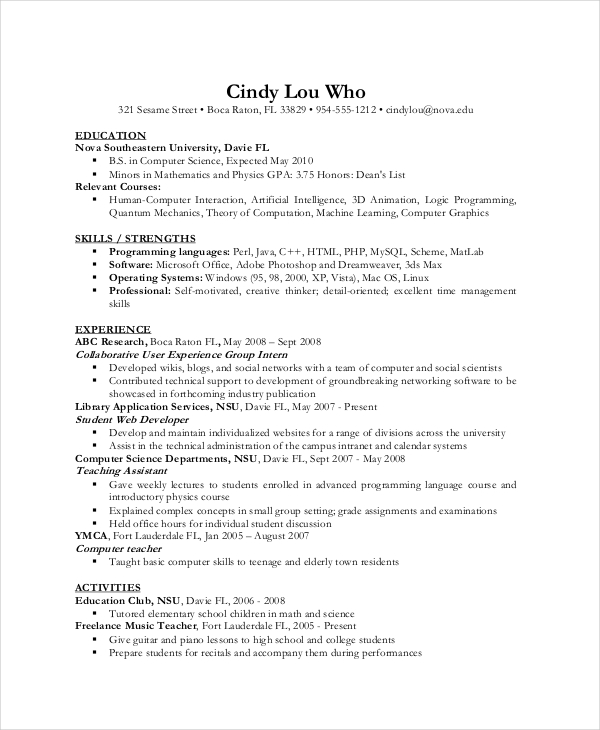 Computer Science Resume Example - 13+ Free Word, PDF Documents Download