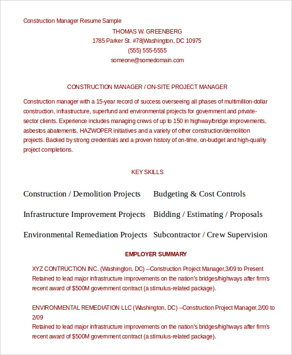 16+ FREE Construction Resume Example - PDF, DOC