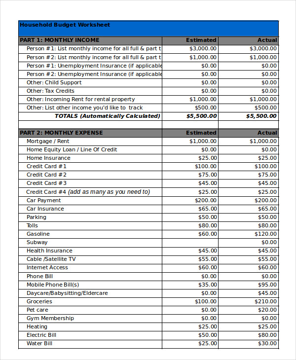 Household Budget Template 12 Free Sample Example Format