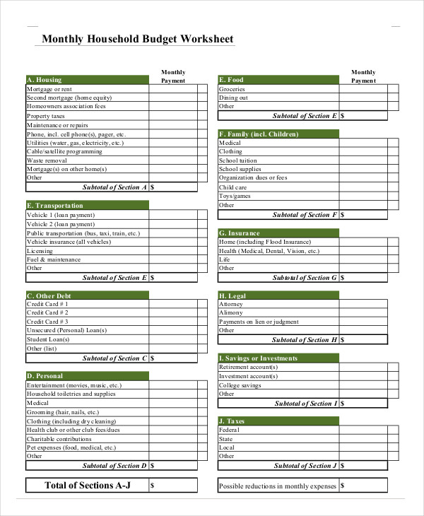 Simple Household Budget Spreadsheet Geserion