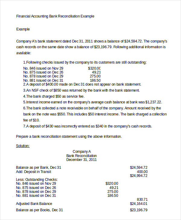 Bank Reconciliation Example - 5+ Free Word, PDF Documents Download