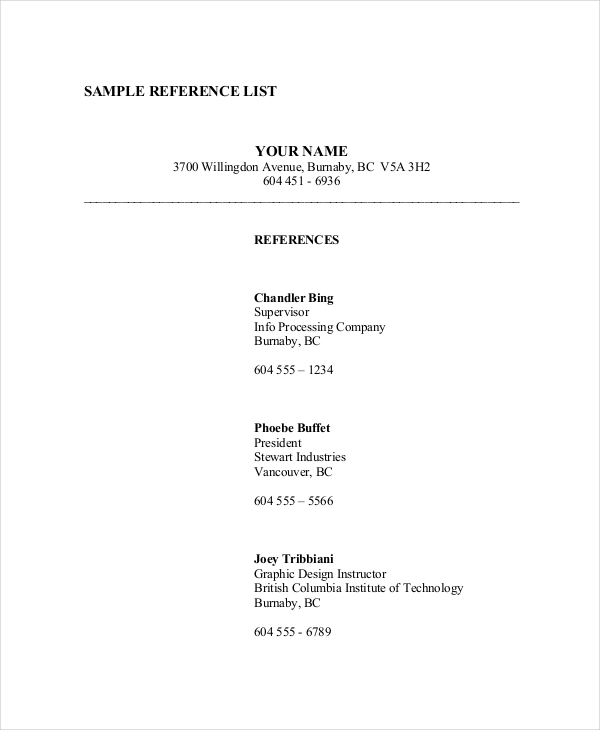 Free Sample Reference List Master Template