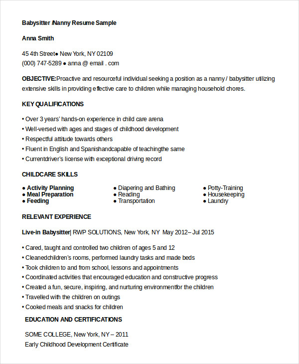 10 Nanny Resume Templates PDF DOC