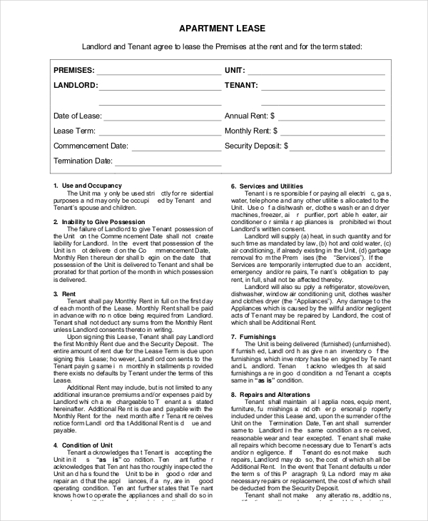 9 Apartment Lease Agreement Templates Word PDF Pages