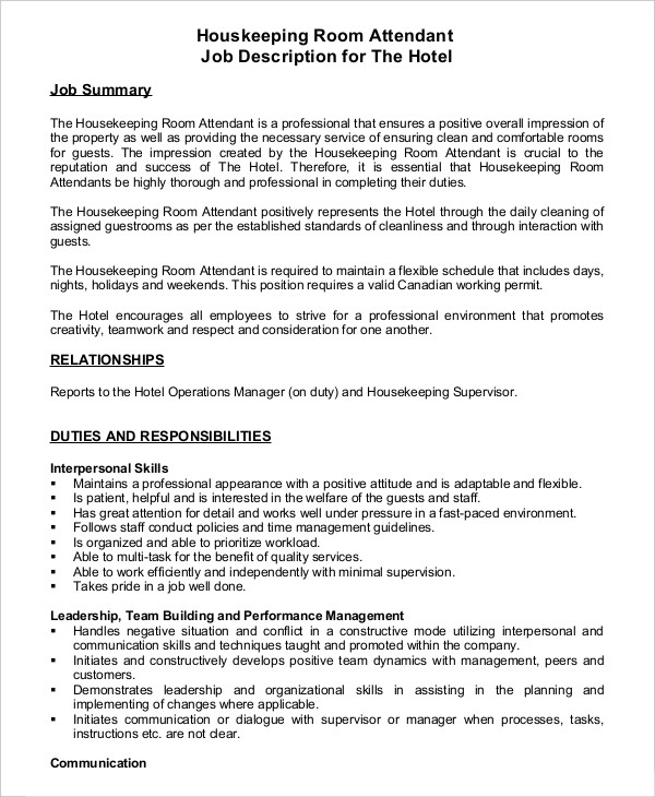 Housekeeper Job Description Example 14 Free Word PDF Documents Download