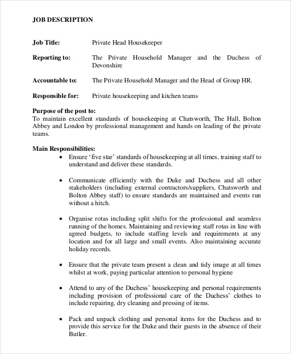 Housekeeper Job Description Example - 14+ Free Word, PDF Documents Download