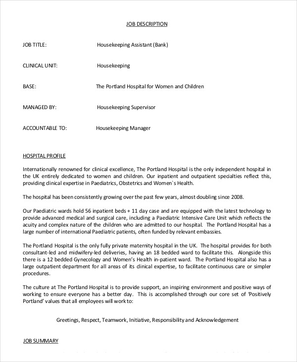 Housekeeper Job Description Example - 14+ Free Word, PDF Documents Download