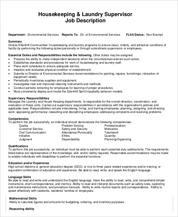 Housekeeper Job Description Example - 14+ Free Word, PDF Documents Download