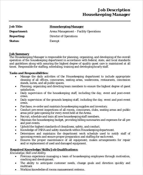 Housekeeper Job Description Example 14 Free Word PDF Documents Download
