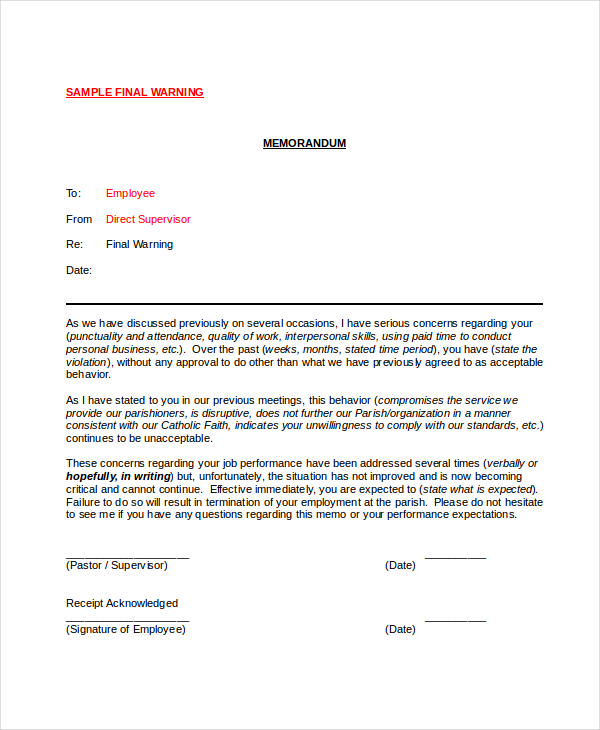 12 Printable Employee Warning Notice Templates Google Docs MS Word 