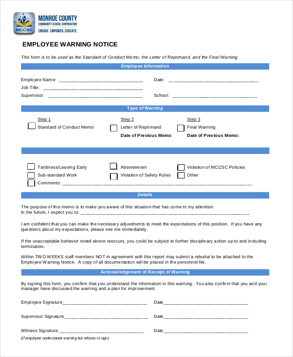 12+ Printable Employee Warning Notice Templates - Google Docs, MS Word ...