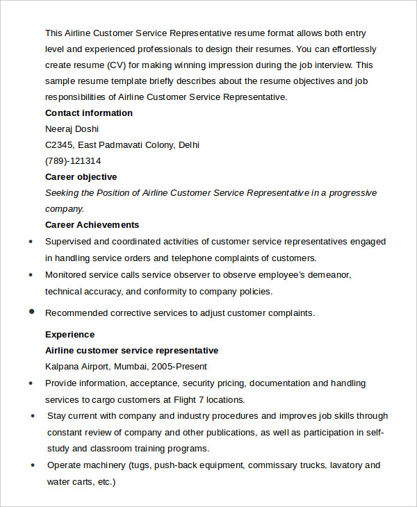 Customer Service Representative Resume - 9+ Free Sample, Example, Format